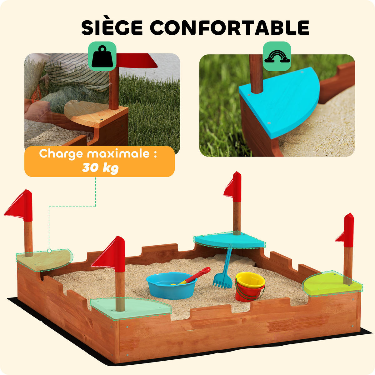ComfortXL SANDKASTEN DE-18757 Festungs-Design mit Fahnen & 4 Sitzen ...
