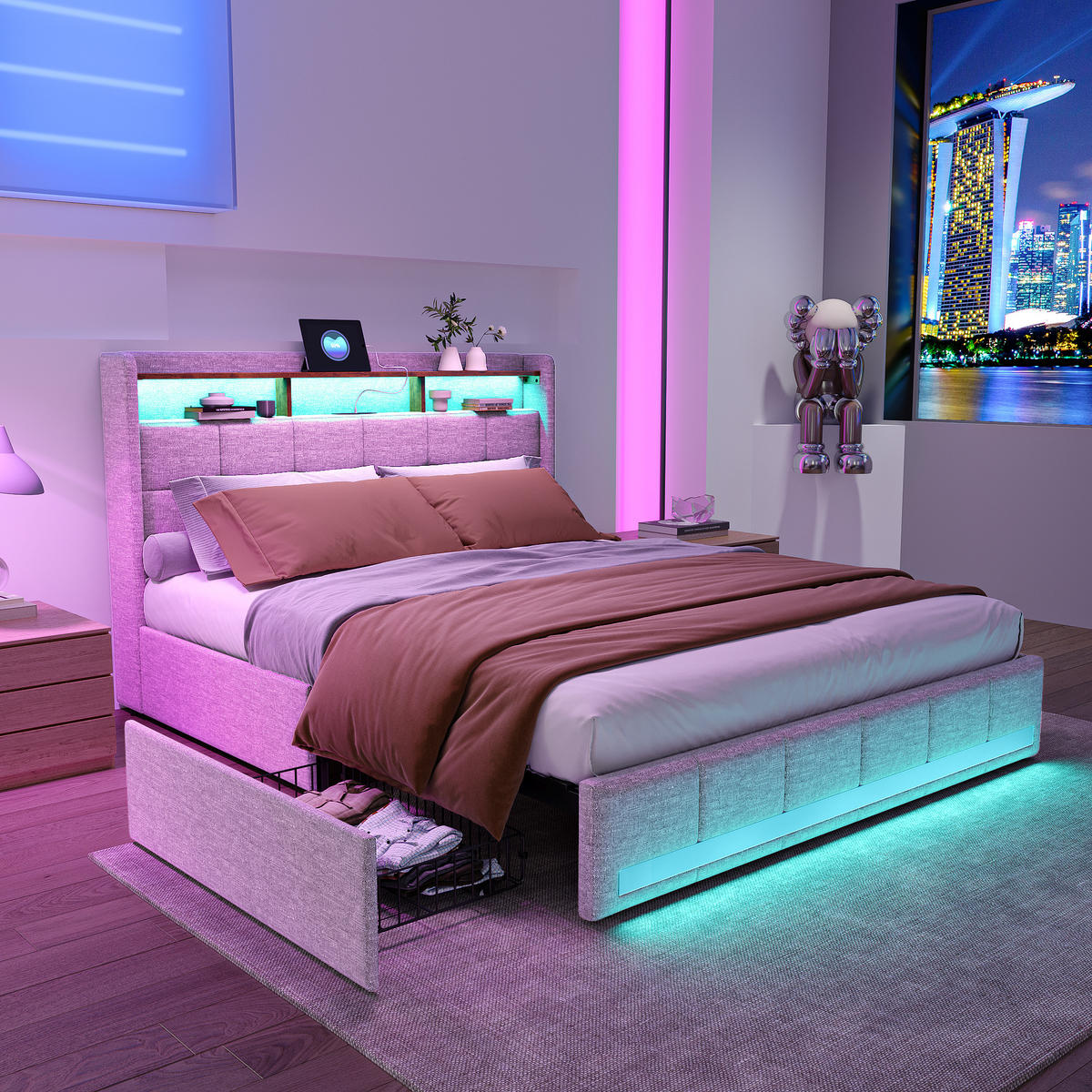 PARAFTA HOME DOPPELBETT,POLSTERBETT 160x200 mit Schubladen und LED ...