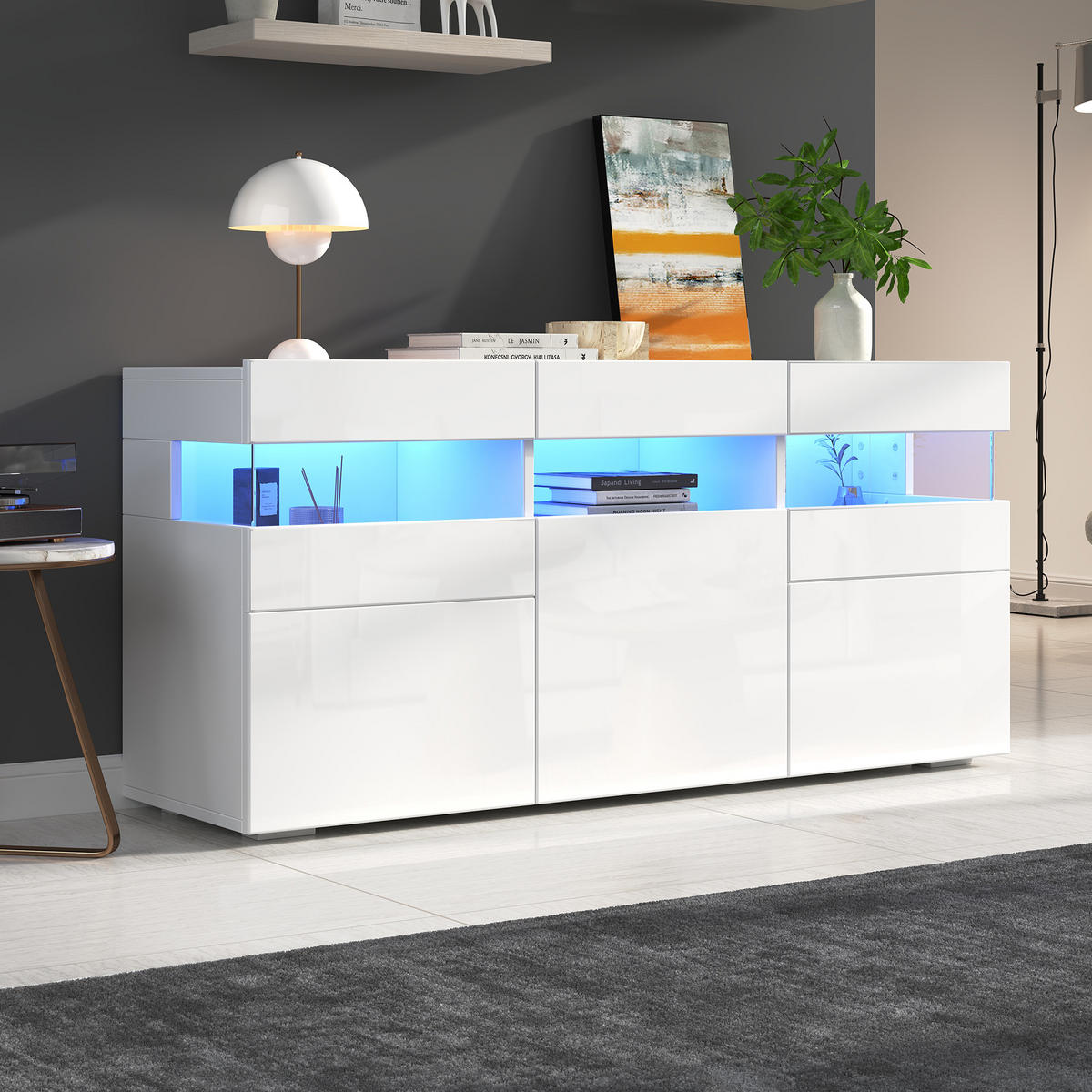 FLIEKS SIDEBOARD 140cm Hochglanz LED 3 Türen 7 Fächer Weiß modern jetzt ...