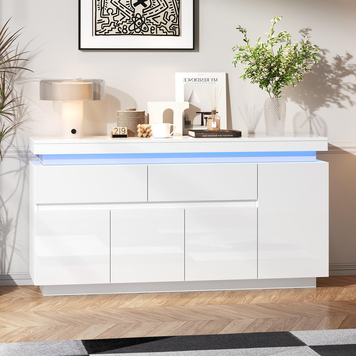 FLIEKS SIDEBOARD 140cm Hochglanz LED 4 Türen 2 Schubladen Weiß modern ...