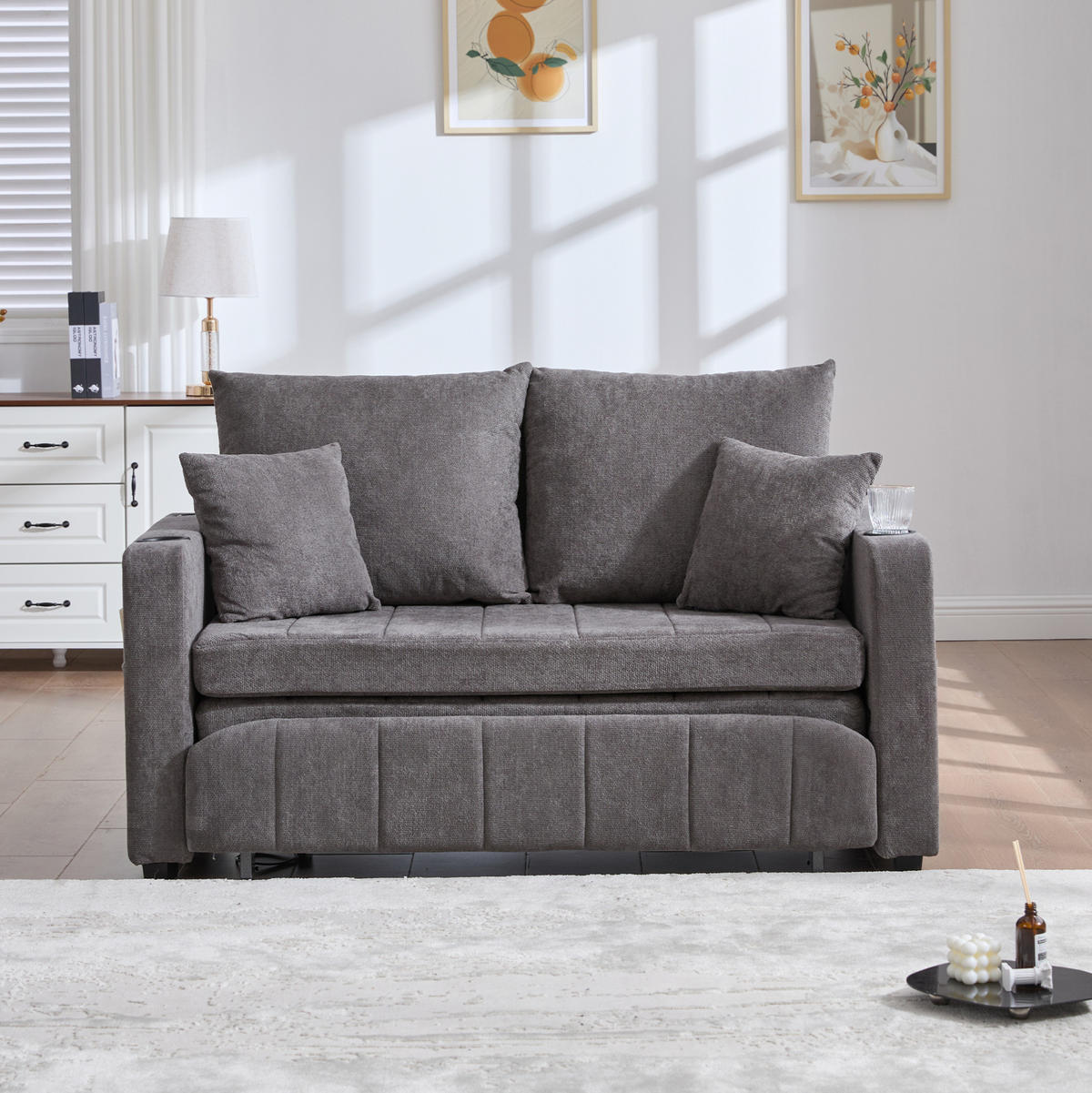 Modfu SCHLAFSOFA aus Chenille 139x83x58 cm Grau ausziehbar mit ...
