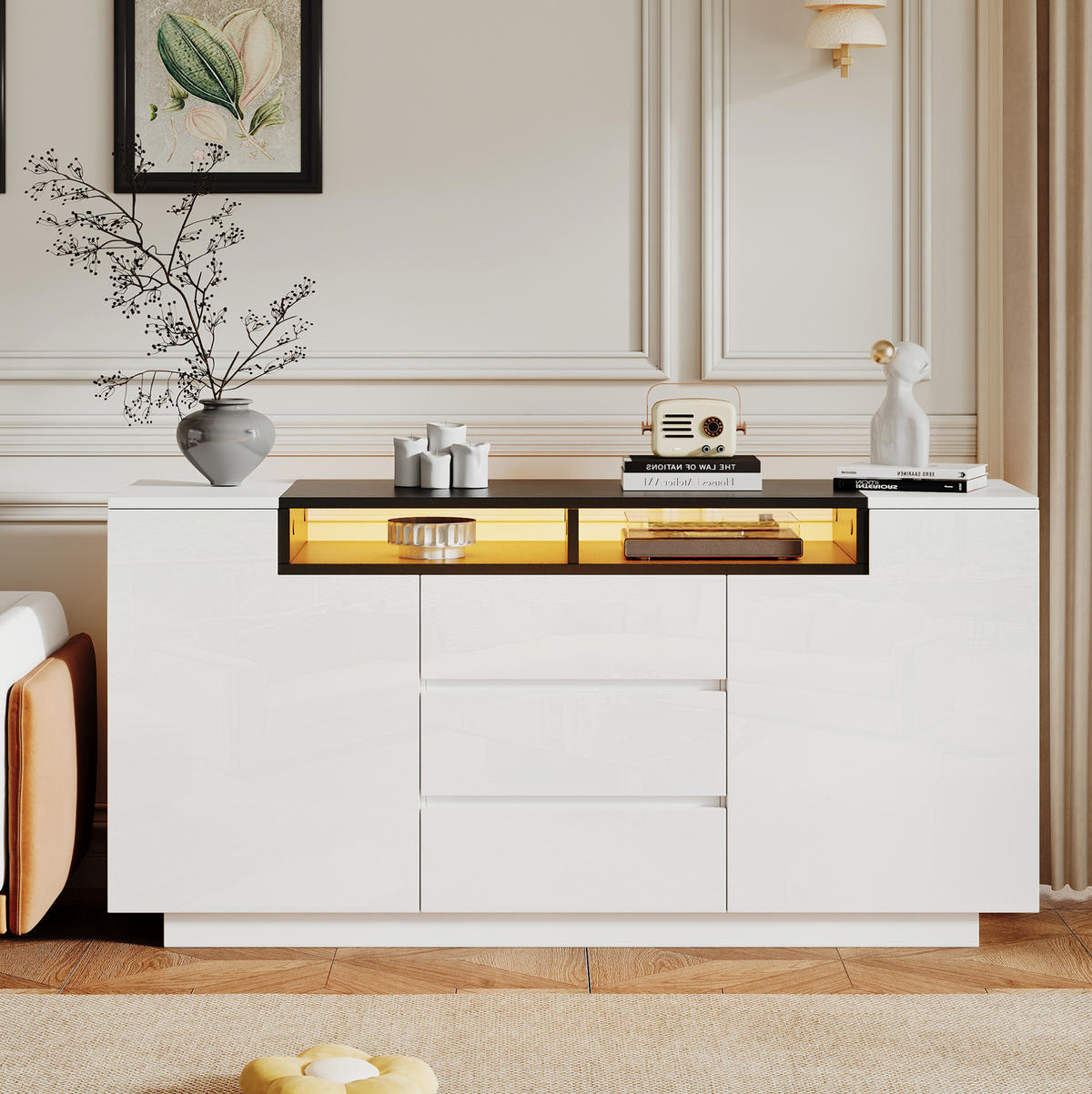 Modfu SIDEBOARD aus Spanplatte 140x40x68 cm Weiß/Schwarz mit LED ...