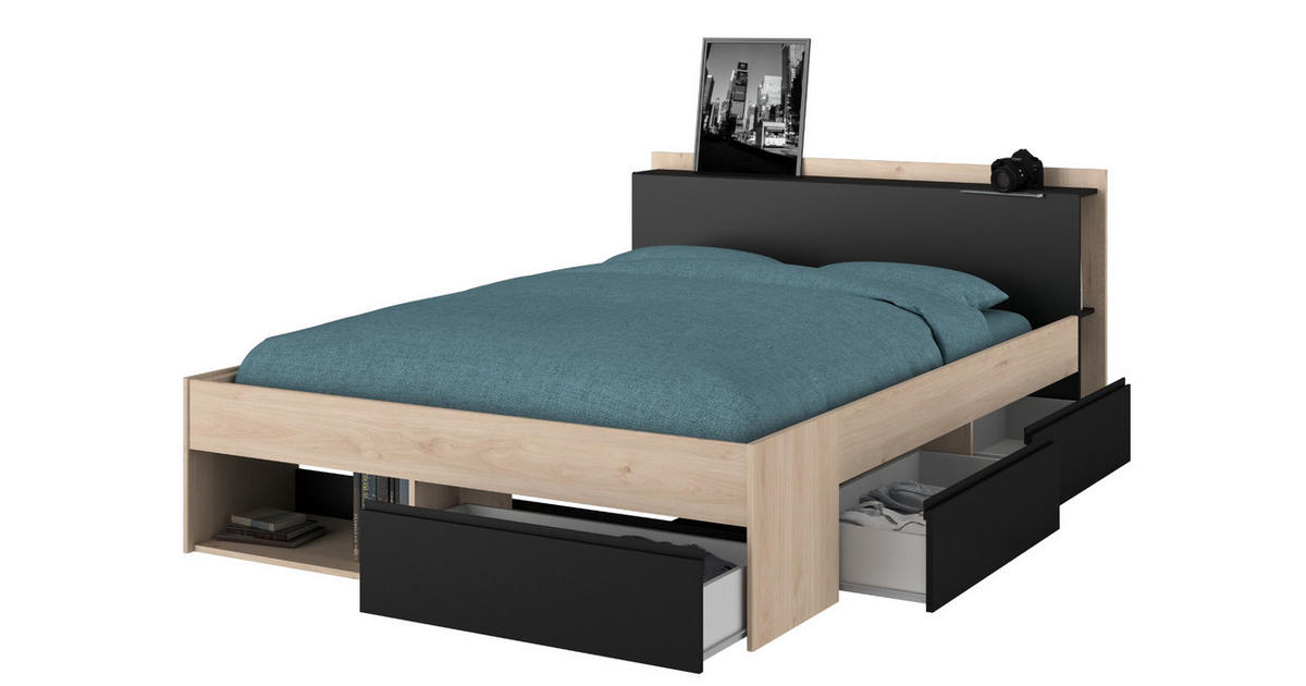 Parisot Meuble BETT mit Regal und 3x Schubkasten, Stauraumbett 140 x ...
