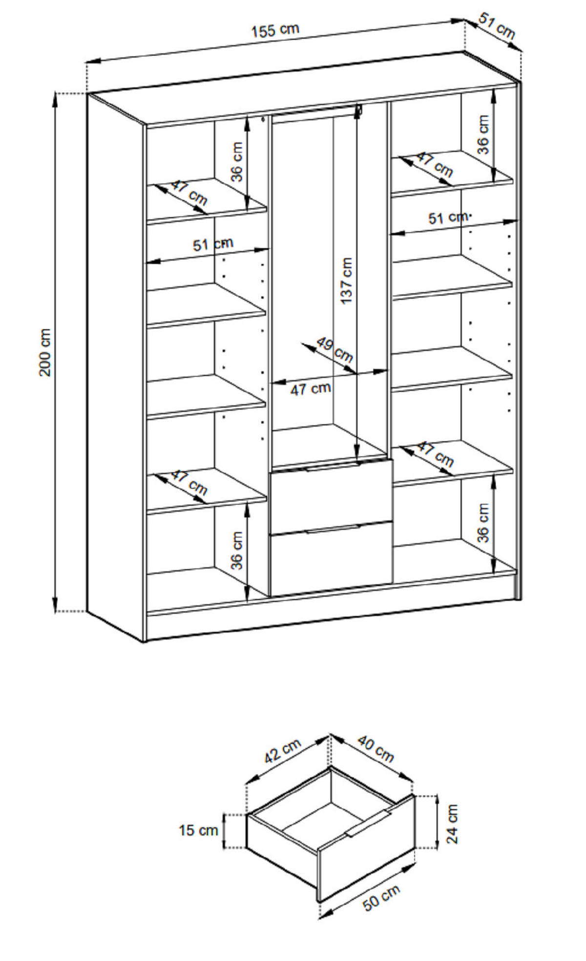 Emporius KLEIDERSCHRANK 150 cm Fioro - 3 Türen, Lamellen, Schubladen ...