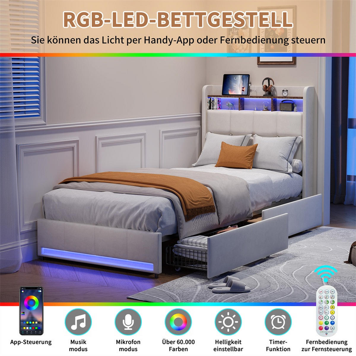 DELFA POLSTERBETT 90x200cm mit 2 Schubladen - Einzelbett - RGB-LED ...