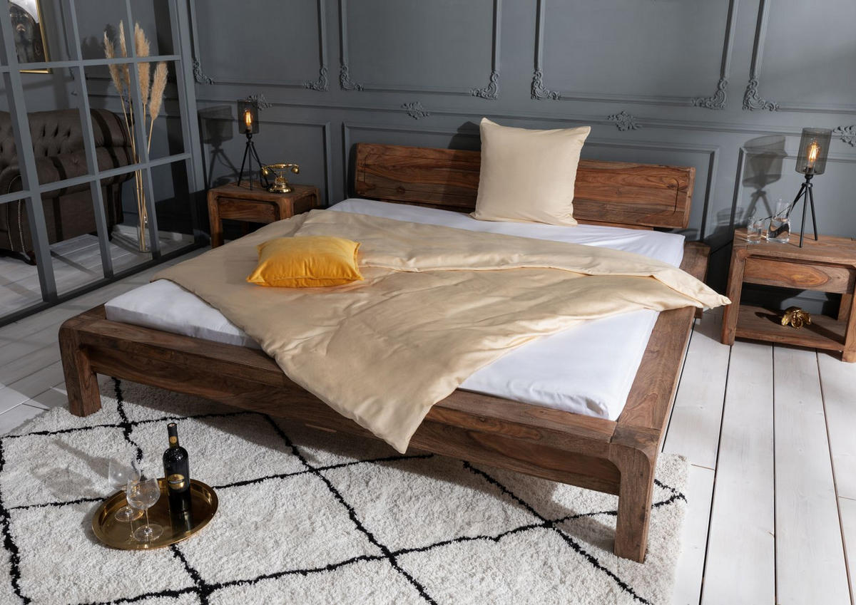Massivmoebel24 BETT Massivholz Sheesham 140 x 200 x 80 grau BUENO #013 ...