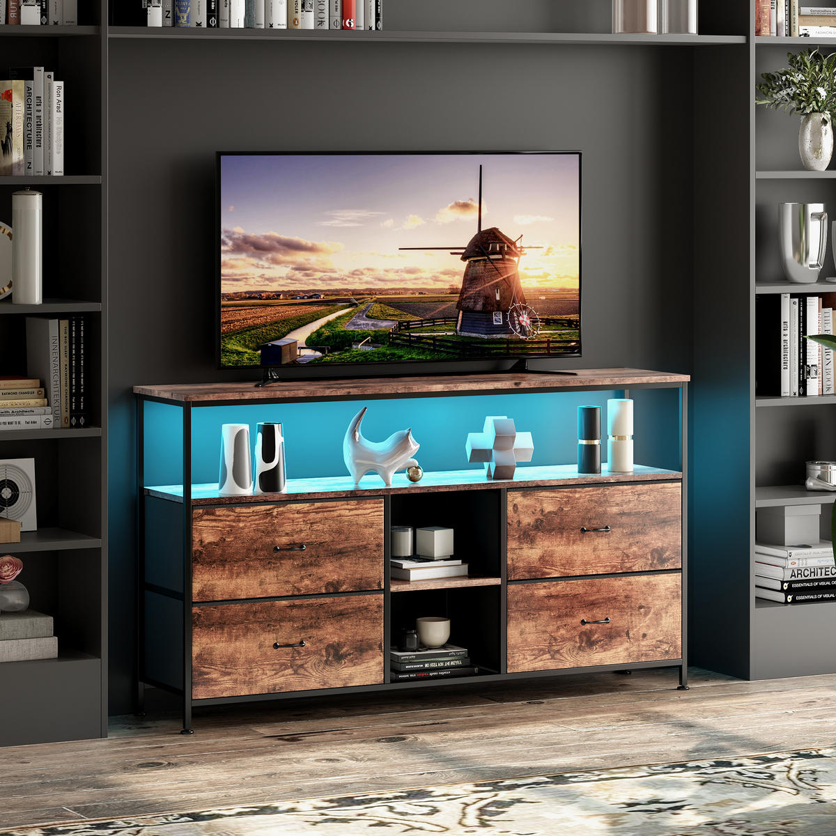 EuroLiving TV-SCHRANK 108 cm, LED, Holzoptik Tiger, 4 Stoffschubladen ...