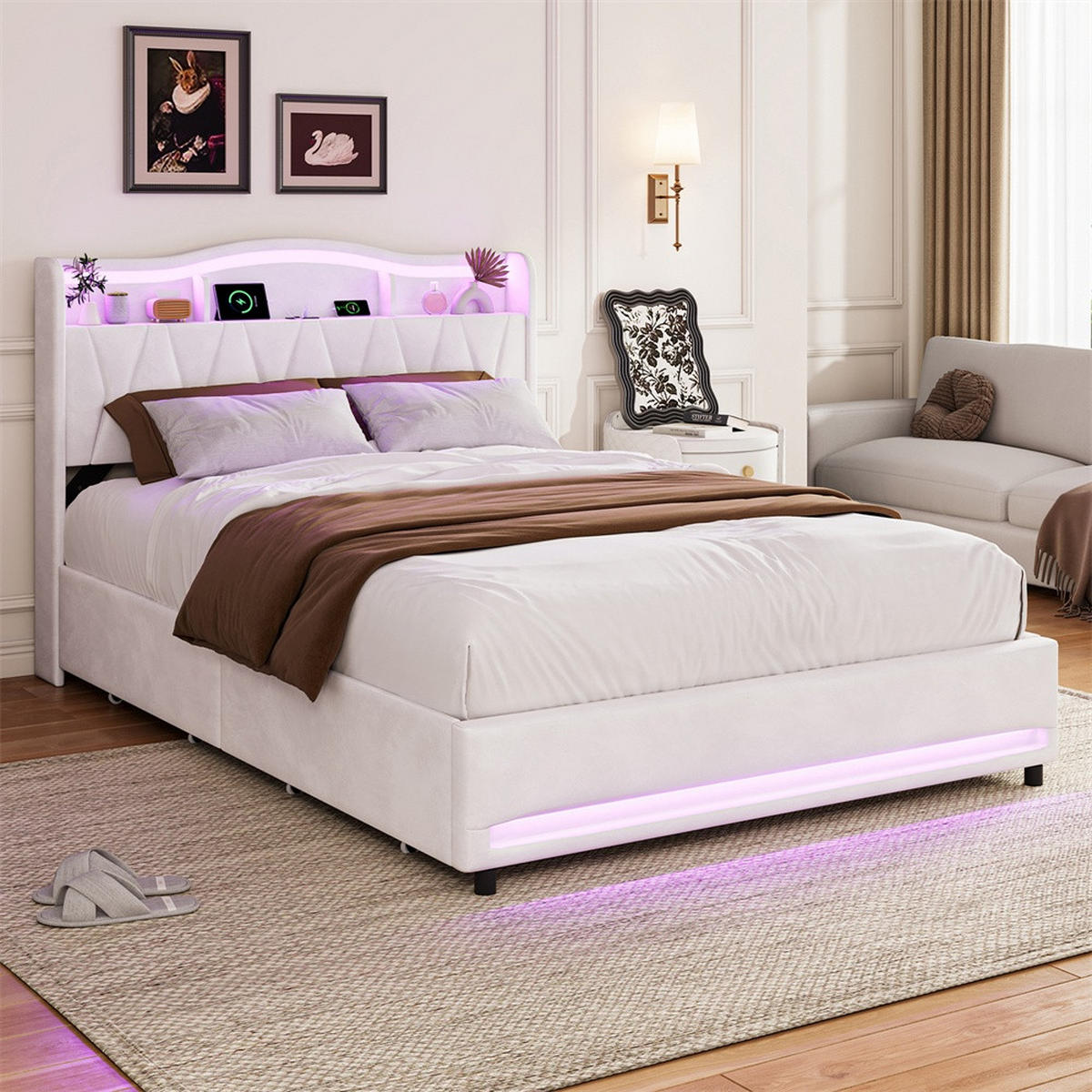 DELFA POLSTERBETT 160x200cm - Doppelbett mit 4 Schubladen - RGB-LED ...