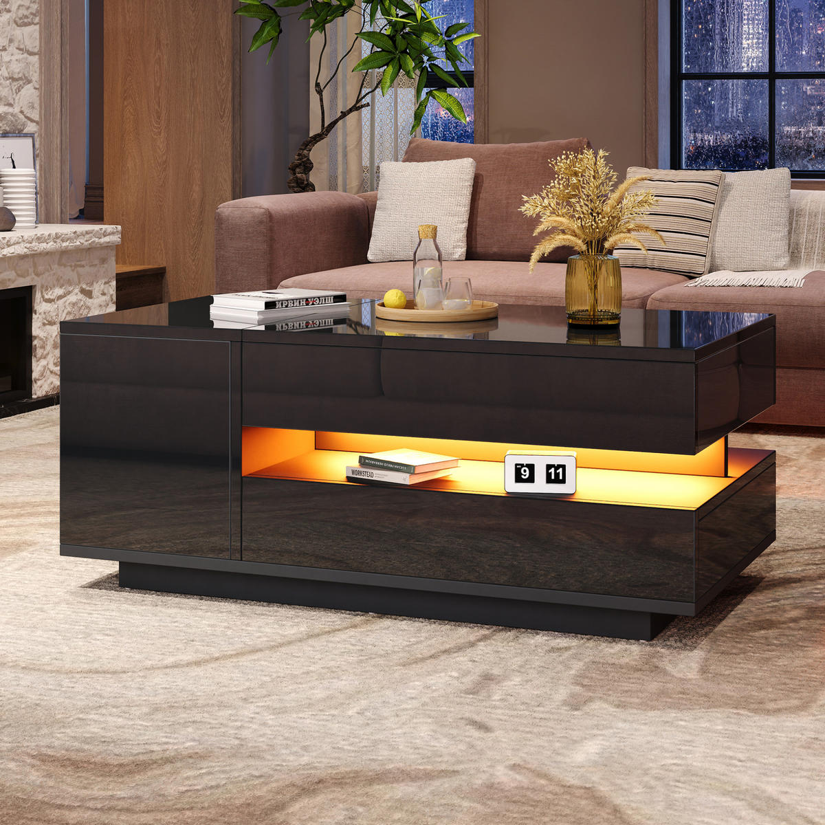 Redom COUCHTISCH 95/50/40 cm mit höhenverstellbarer Tischplatte, LED ...