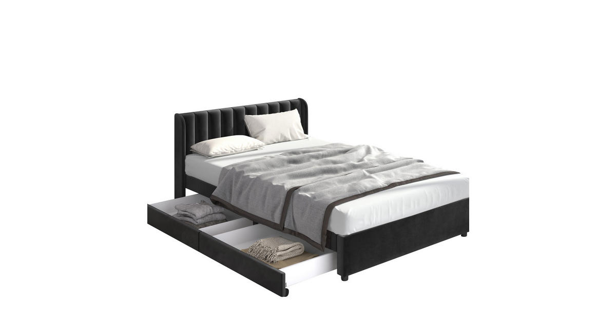 BEAOK ČALOUNĚNÁ postel, 160/200 cm samet černá, s roštem a 2 zásuvkami ...