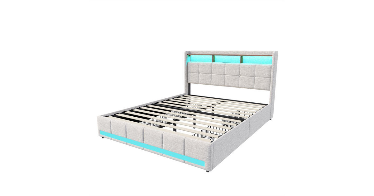 DELFA POLSTERBETT 140x190cm - Doppelbett mit 4 Schubladen - RGB-LED ...