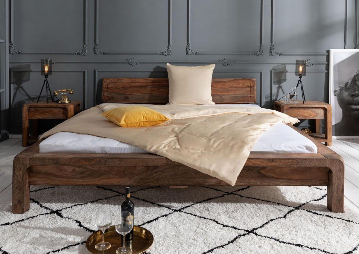 Massivmoebel24 BETT Massivholz Sheesham 140 x 200 x 80 grau BUENO #013 ...