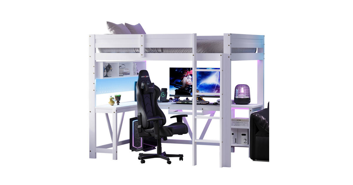 HOCHBETT 90x200 cm mit Schreibtisch, Ablagefächern und 7-farbiger LED ...