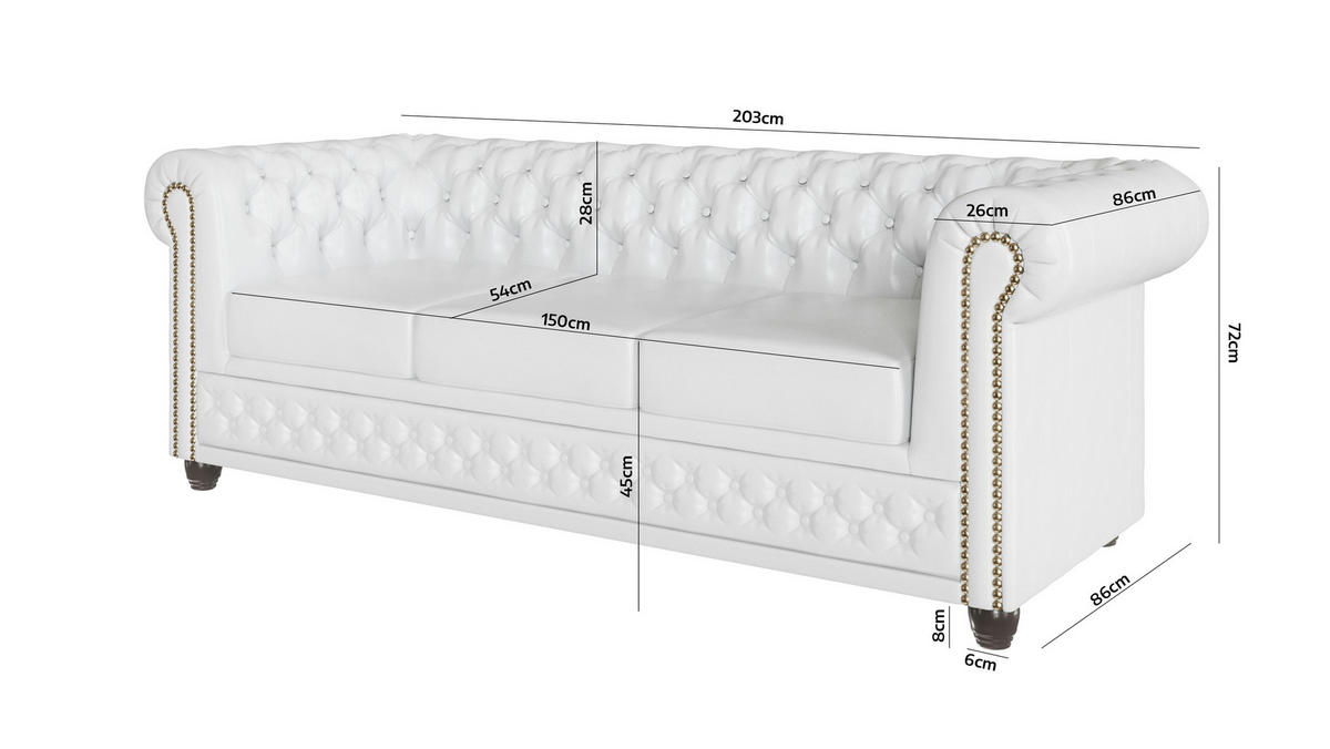 S Style Mobel CHESTERFIELD SOFA 3 sitzer Morin WeiB vegan Leder