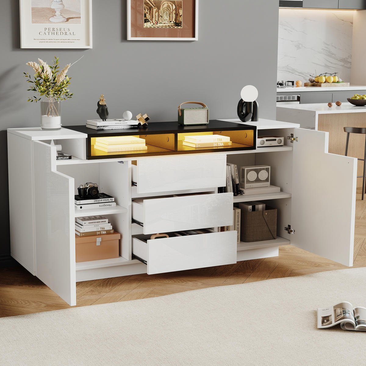 Modfu SIDEBOARD aus Spanplatte 140x40x68 cm Weiß/Schwarz mit LED ...