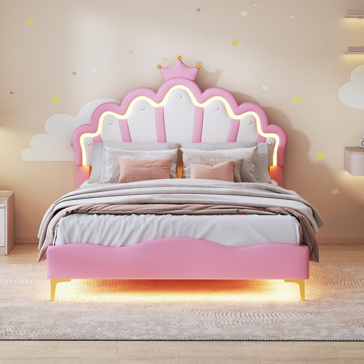 DELFA POLSTERBETT 140x200 cm Prinzessin Traum mit Kronen-Kopfteil und ...