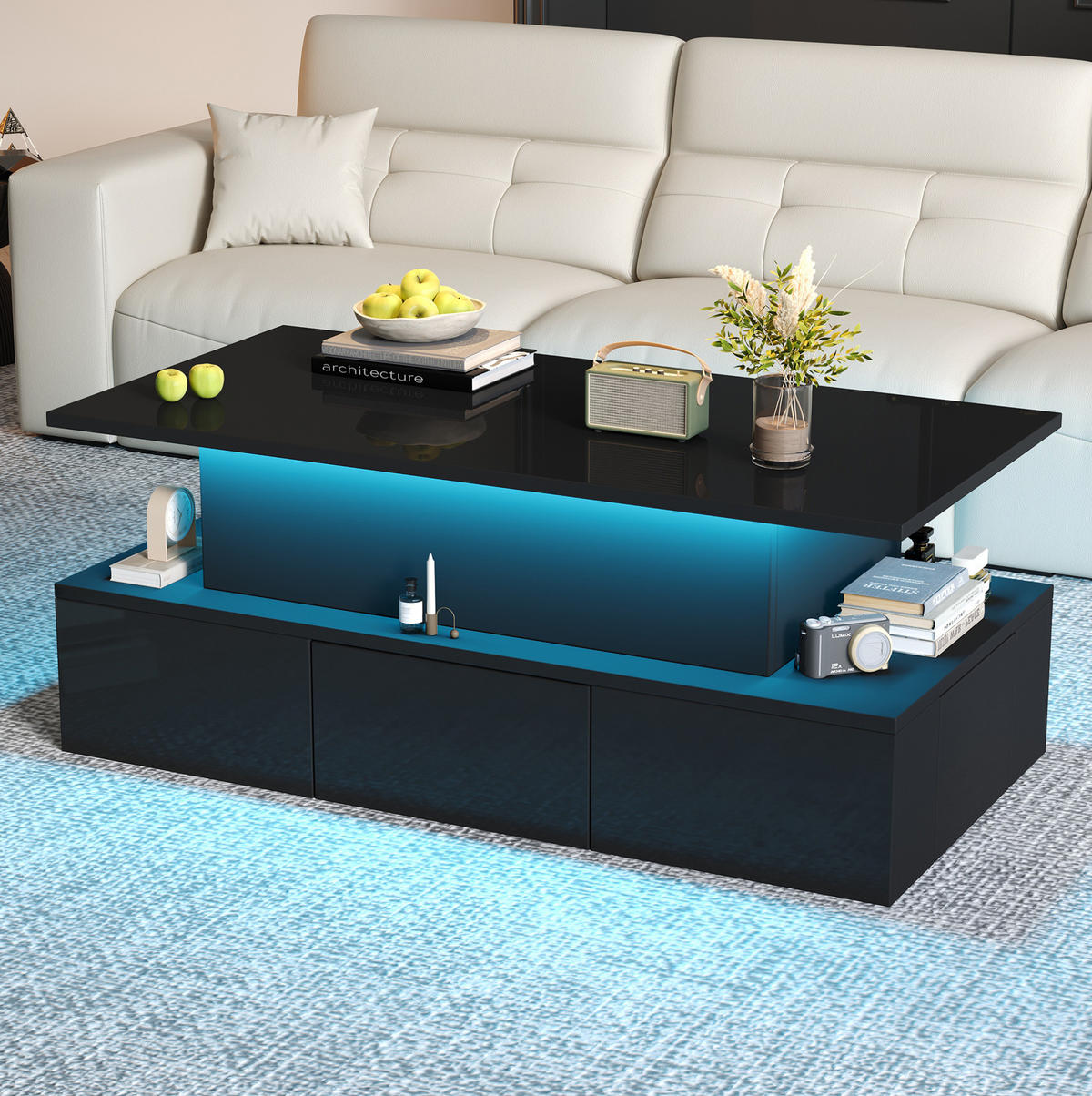 Redom COUCHTISCH 100/50/40 cm mit Liftfunktion, LED-Beleuchtung, 4 ...