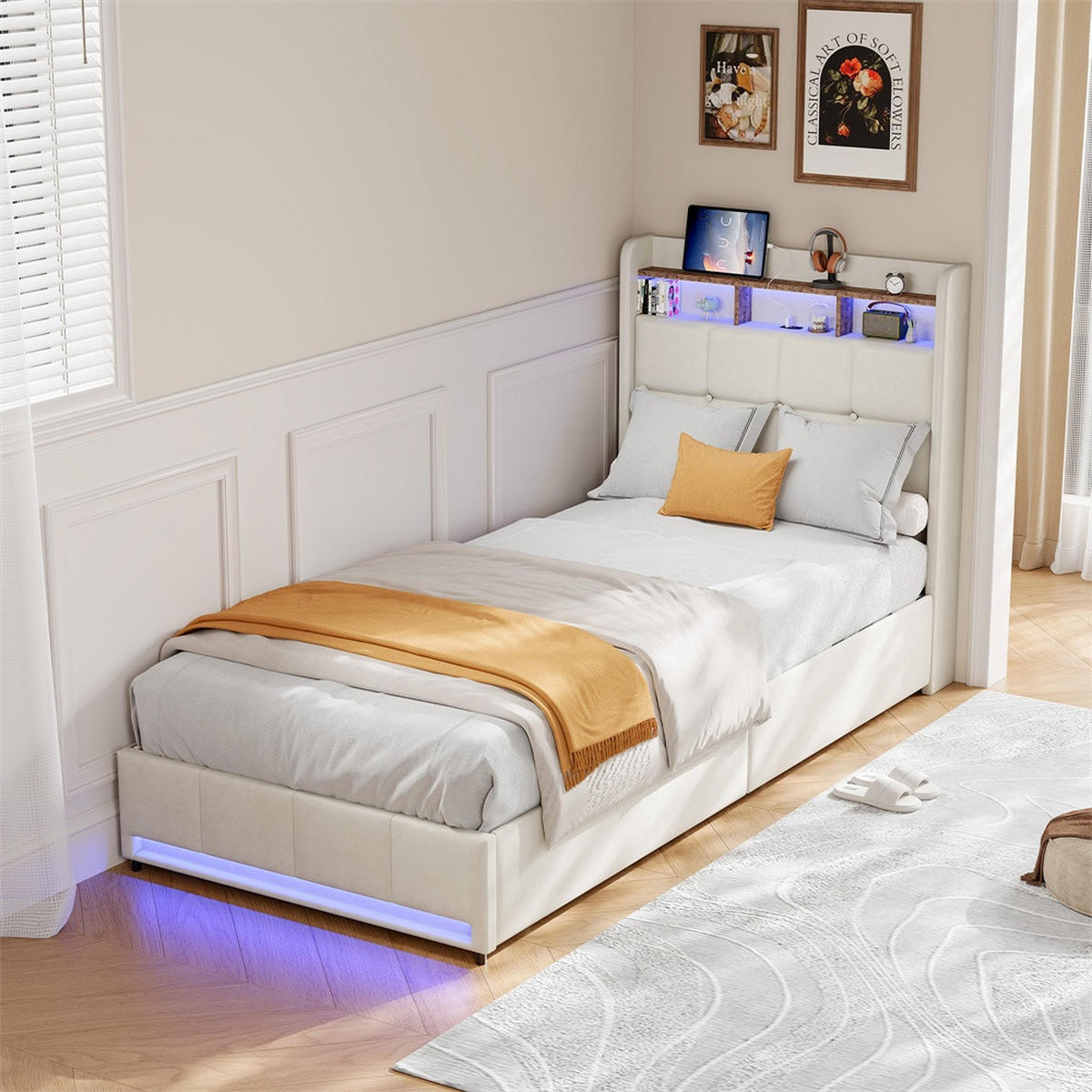 DELFA POLSTERBETT 90x200cm mit 2 Schubladen - Einzelbett - RGB-LED ...
