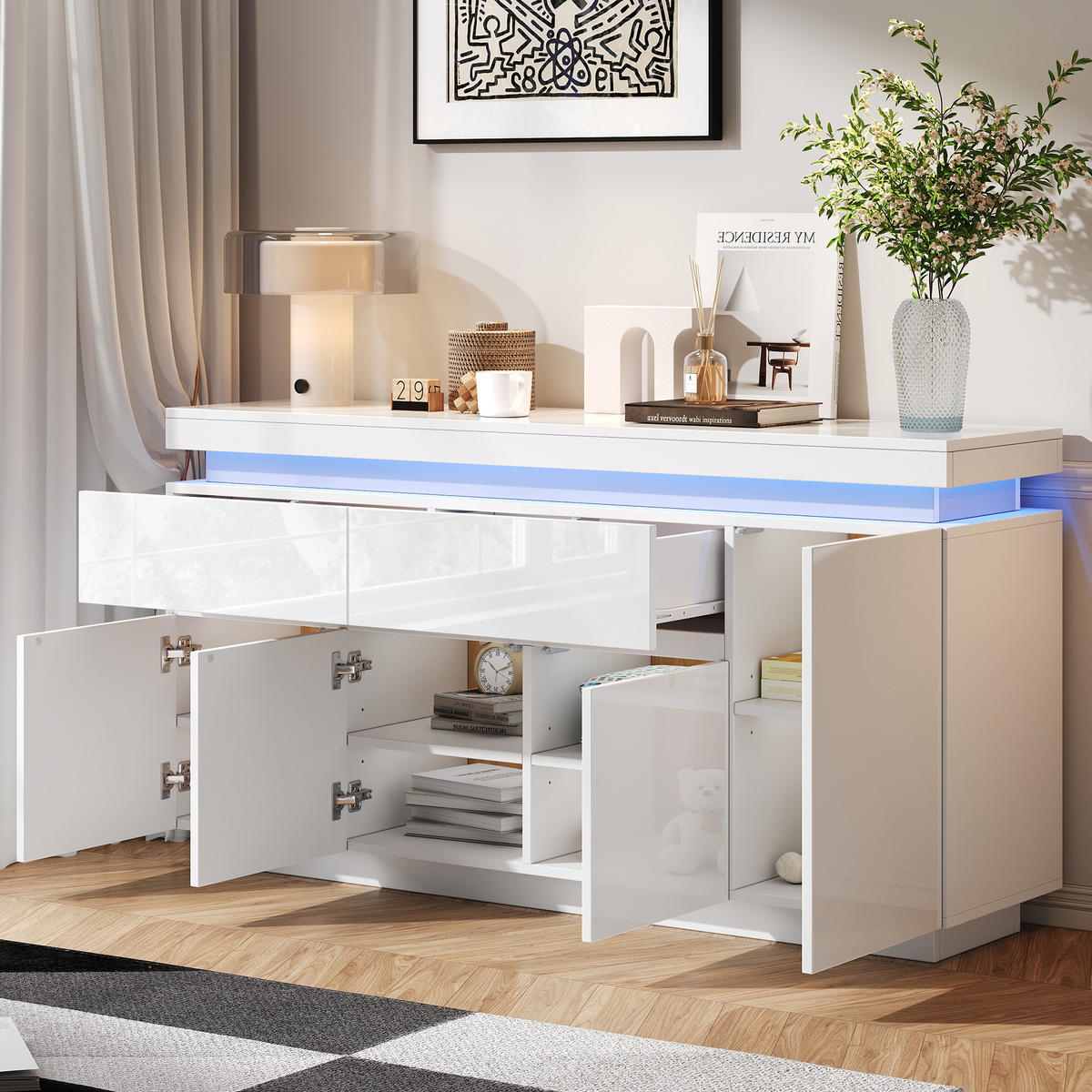 FLIEKS SIDEBOARD 140cm Hochglanz LED 4 Türen 2 Schubladen Weiß modern ...