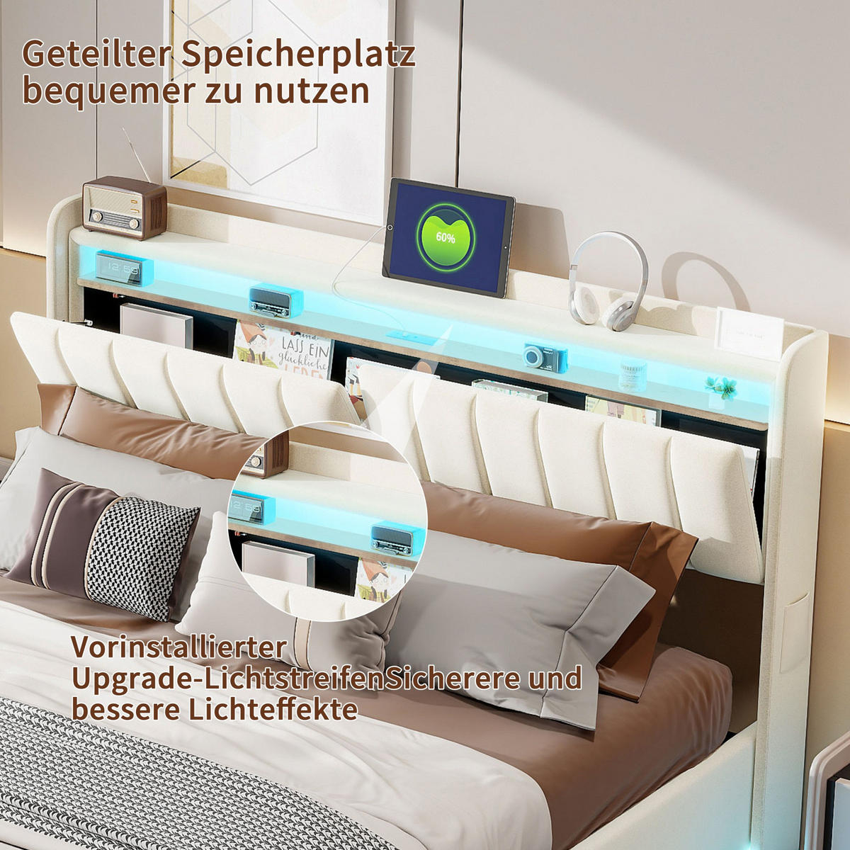 DELFA POLSTERBETT 140x200 cm mit USB/Typ-C Ladefunktion RGB-Beleuchtung ...